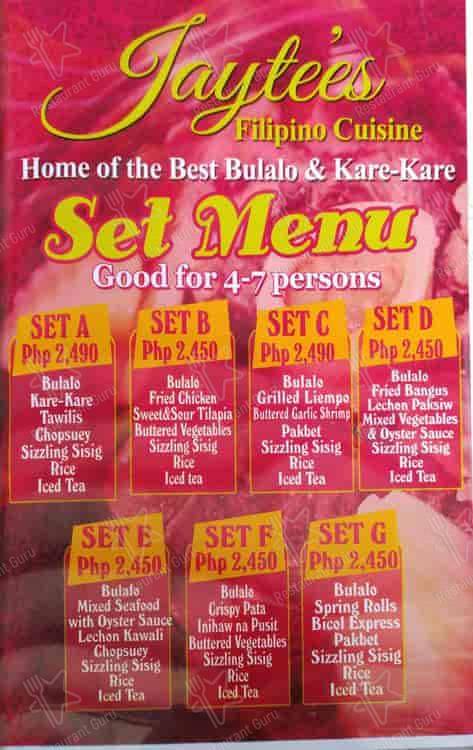 Menu at Jaytee's Classic Filipino Cuisine restaurant, Tagaytay, 4W2X+H5H