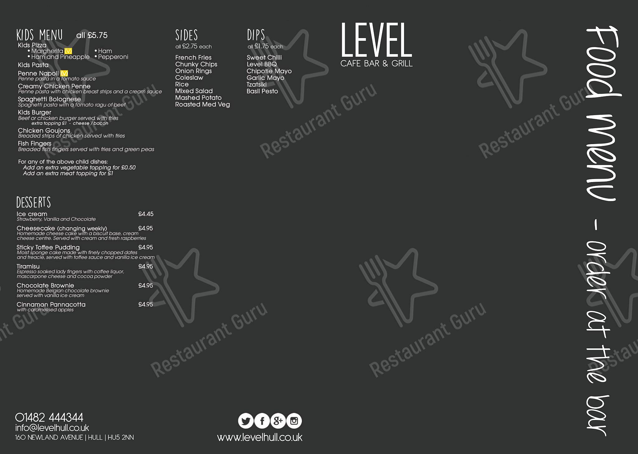 Menu at Level Cafe Bar & Grill, Hull