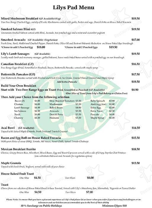 Menu at Lily's Pad Cafe, Leura