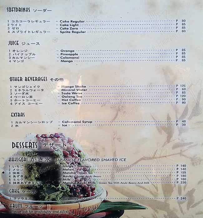 Menu at Seryna Japanese Restaurant, Makati, Chino Roces Ave