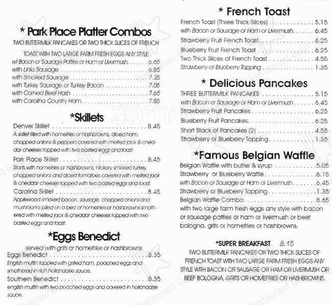 Menu at Park Place Restaurant, Charlotte