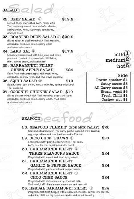 Menu at Thai by 3 Monkeys restaurant, North Adelaide