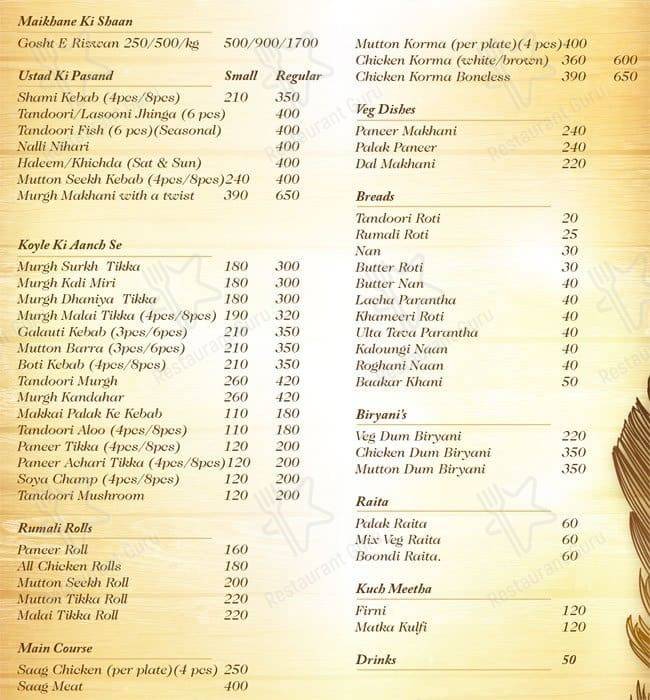 Menu at The Lost Mughal, Gurugram