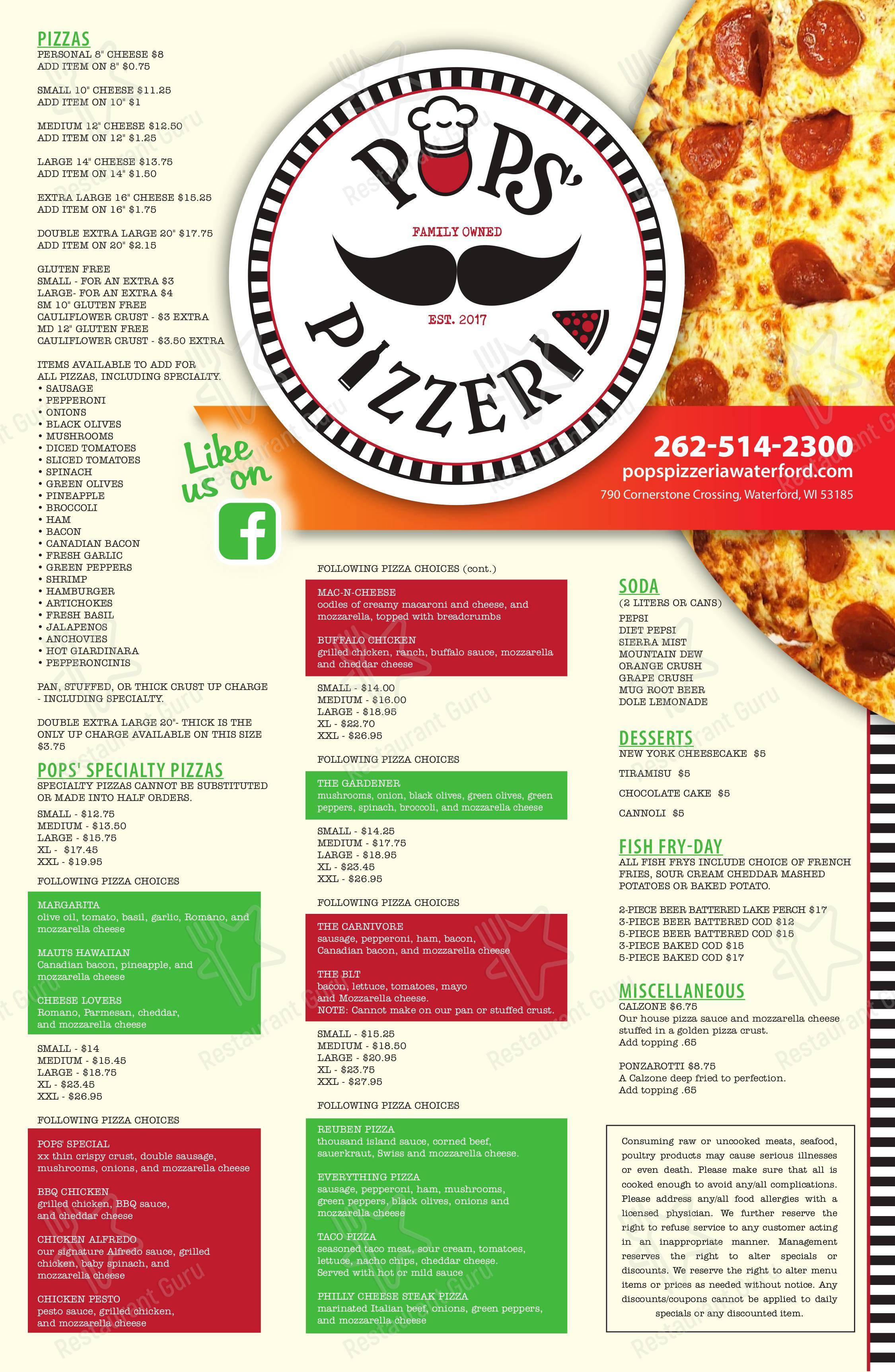 Menu at Pops' Pizzeria, Waterford