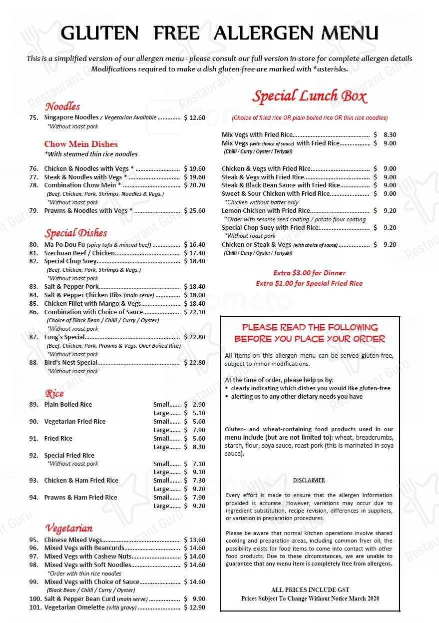 Menu at Fong's Chinese Restaurant, Bentleigh East