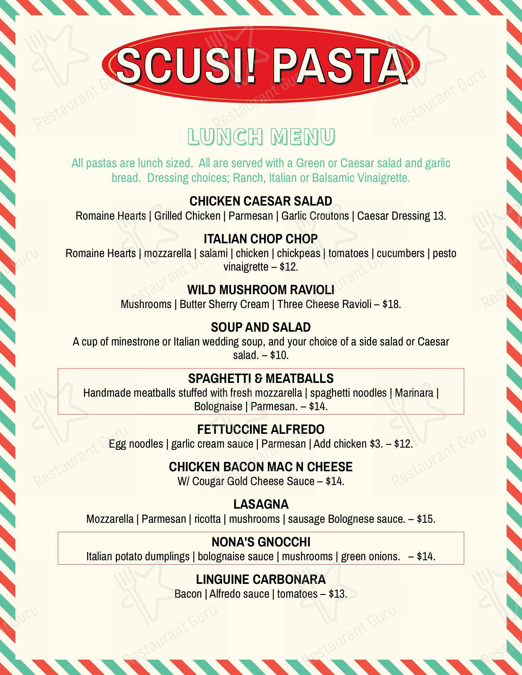 Menu at Scusi! pub & bar, Pullman