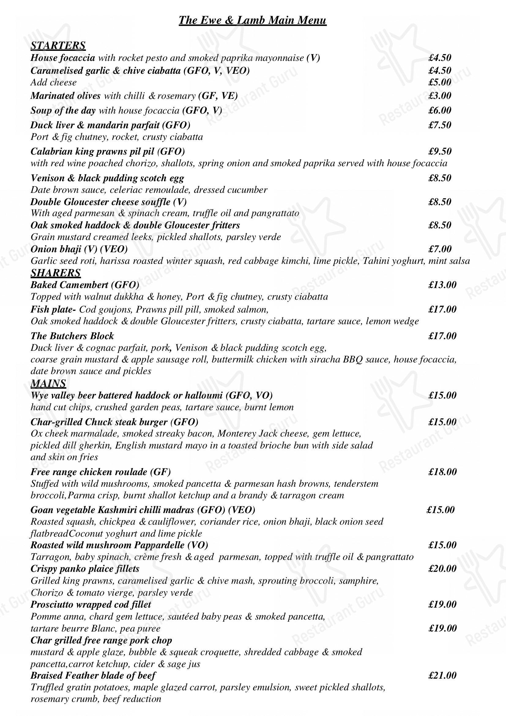 Menu at Ewe & Lamb pub & bar, Bromsgrove