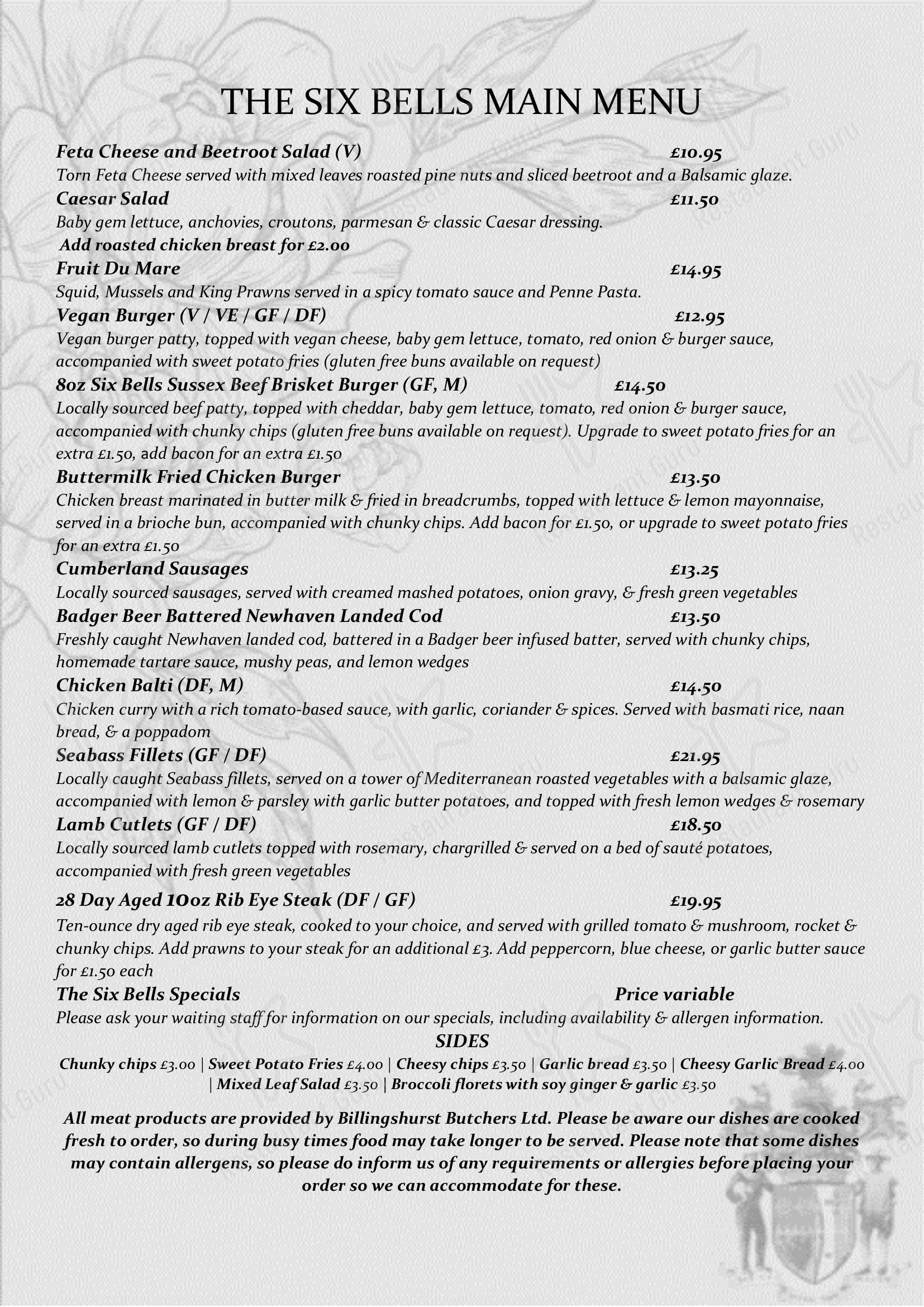 Menu at The Six Bells pub & bar, Billingshurst