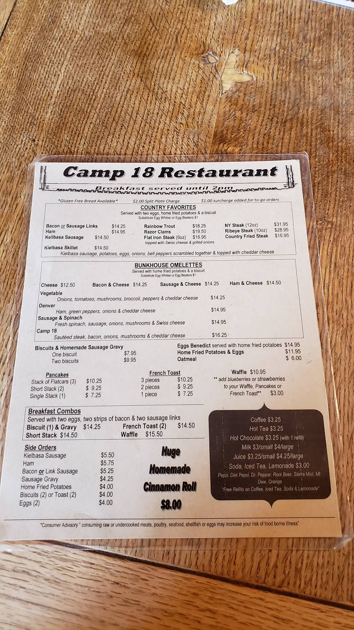 Menu at Camp 18 restaurant, USA