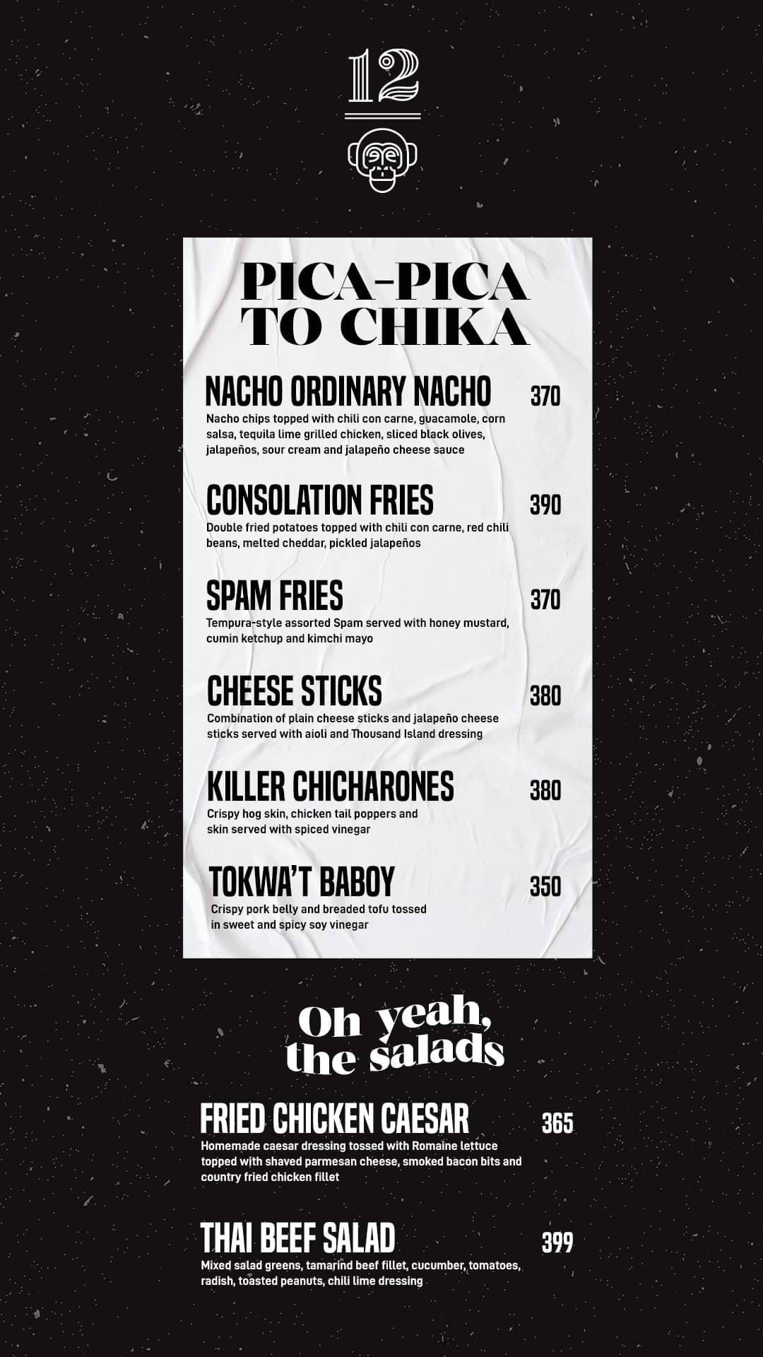 Menu at 12 Monkeys Music Hall and Pub, Pasig, Estancia Mall Capitol Commons
