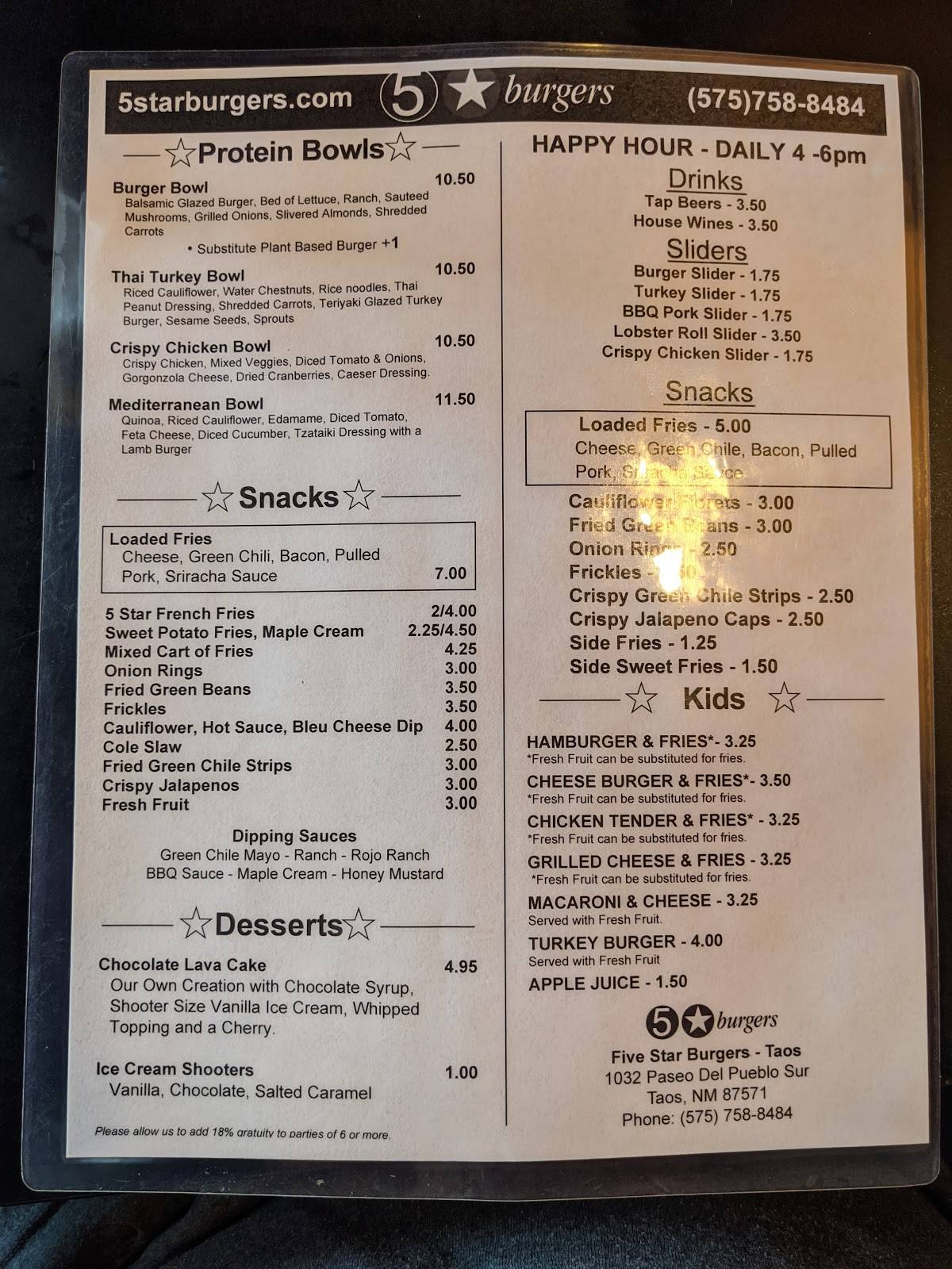 Menu at 5 Star Burgers restaurant, Taos, Paseo Del Pueblo Sur