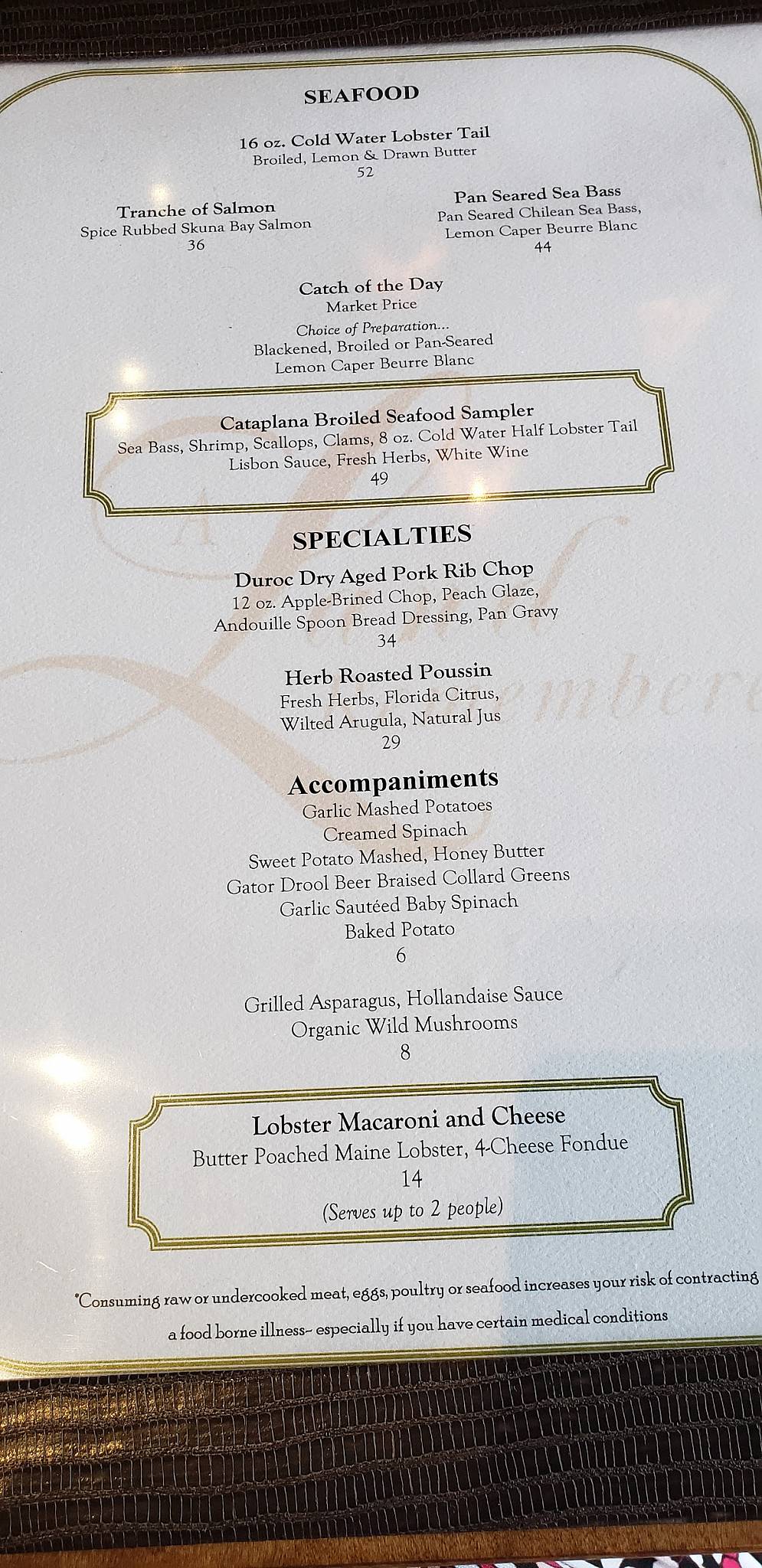 Menu at A Land Remembered steakhouse, Orlando, Universal Blvd