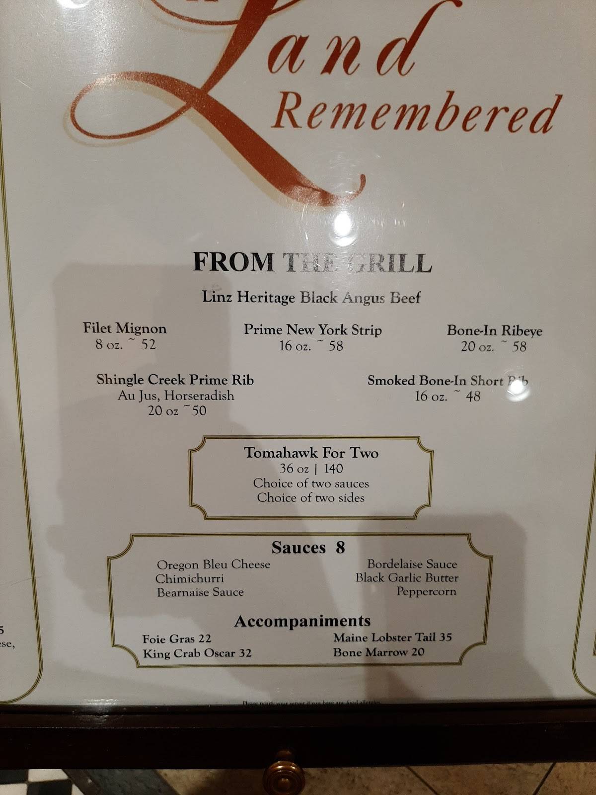 Menu at A Land Remembered steakhouse, Orlando, Universal Blvd