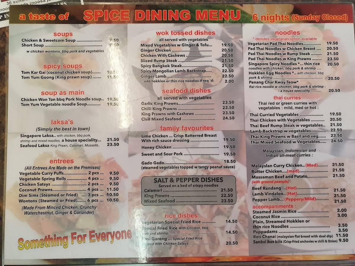 Menu at A Taste of Spice restaurant, Noosa Heads, 4/36 Sunshine Beach Rd