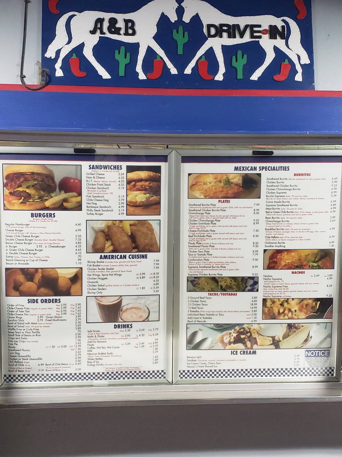 Menu at A & B Drive In restaurant, Truth or Consequences