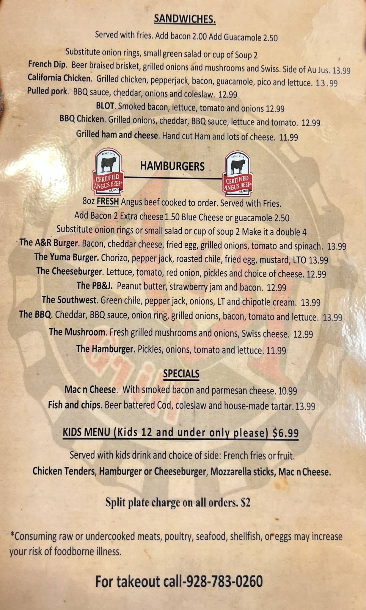 Menu at A&R GRILL pub & bar, Yuma