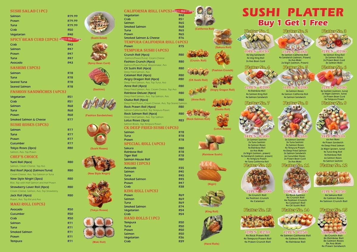 Menu at AK Sushi restaurant, Sandbaai, engen convenience station