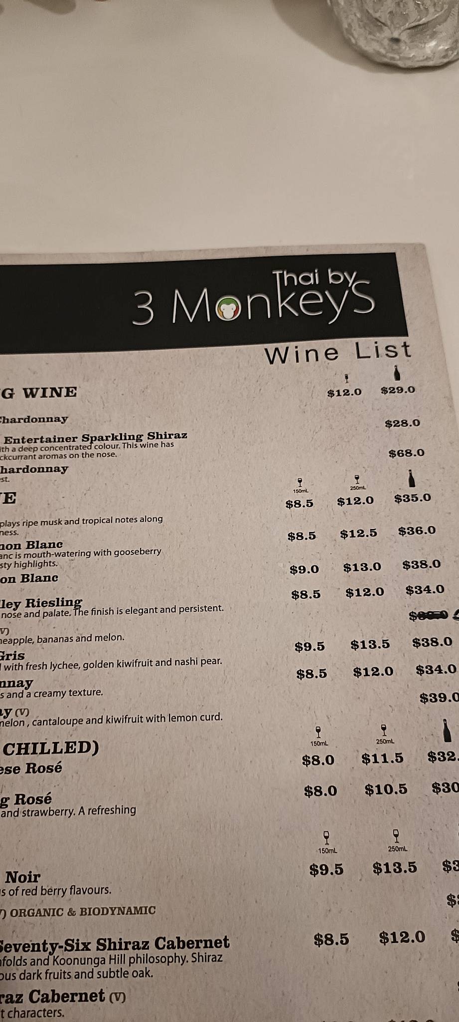 Menu at Thai by 3 Monkeys restaurant, North Adelaide