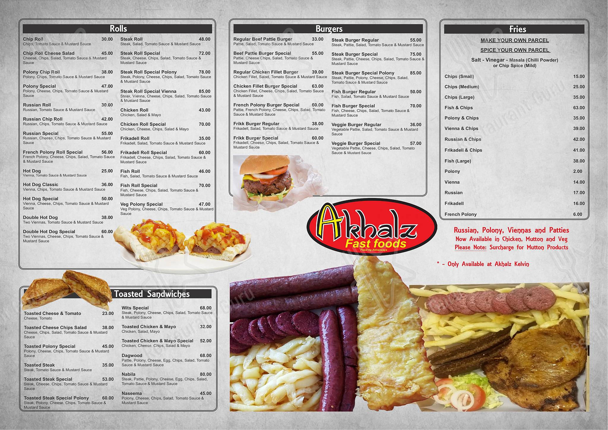 Menu at Akhalz Kelvin (Akhalwayas) restaurant, Johannesburg