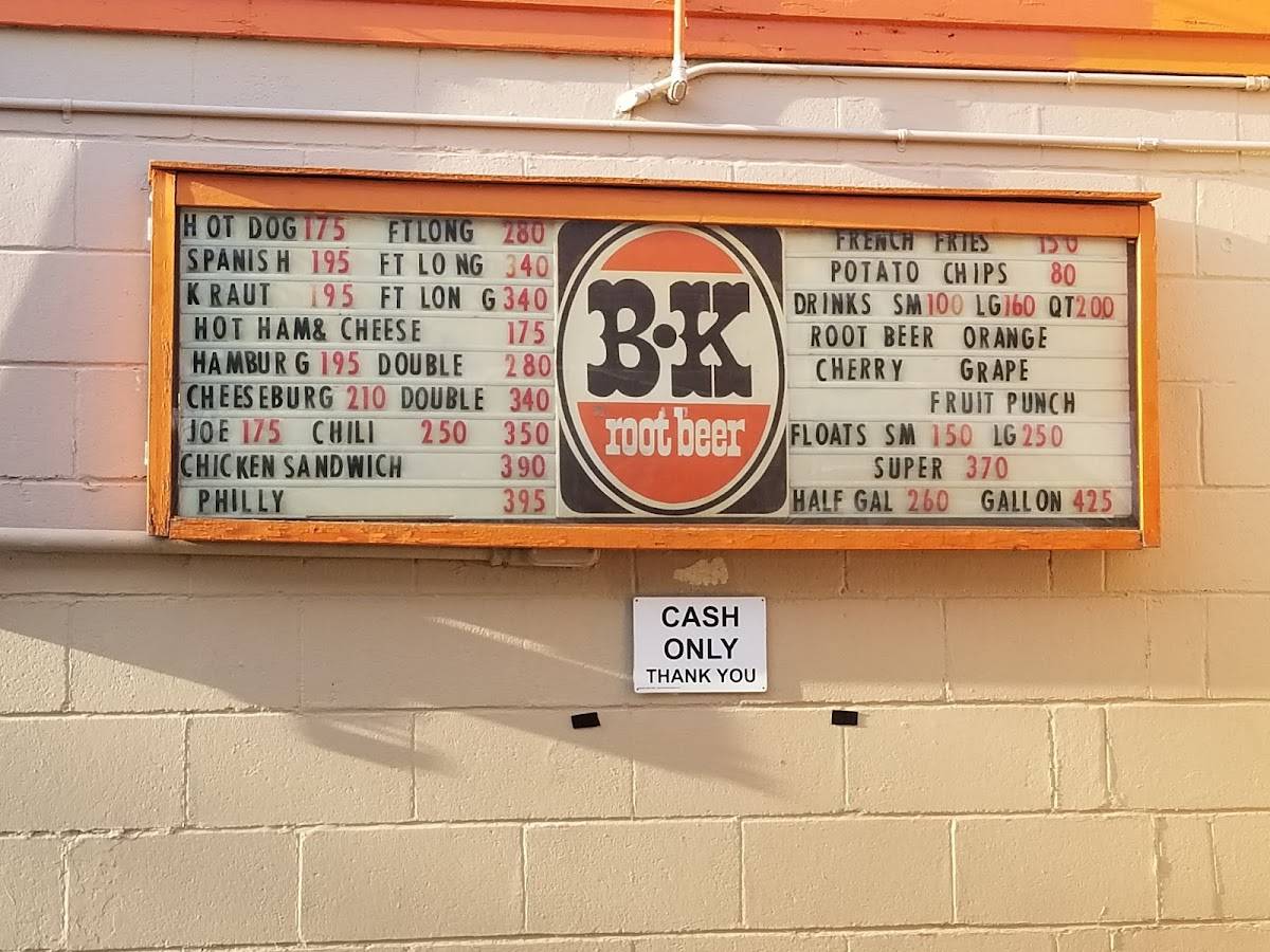 Menu at B & K Root Beer Drive In restaurant, Akron