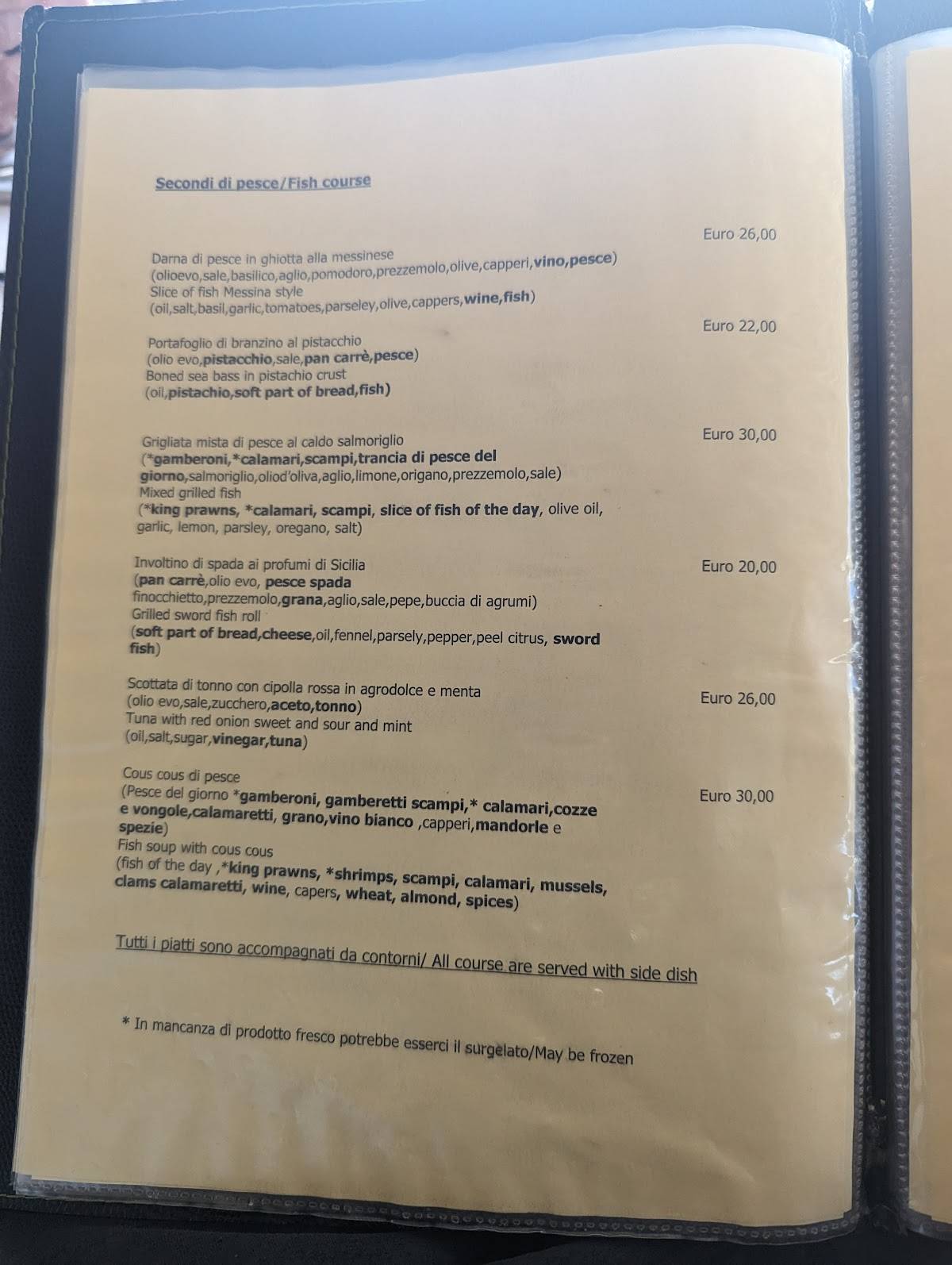 Menu at Al Saraceno restaurant, Taormina, Via Madonna della Rocca