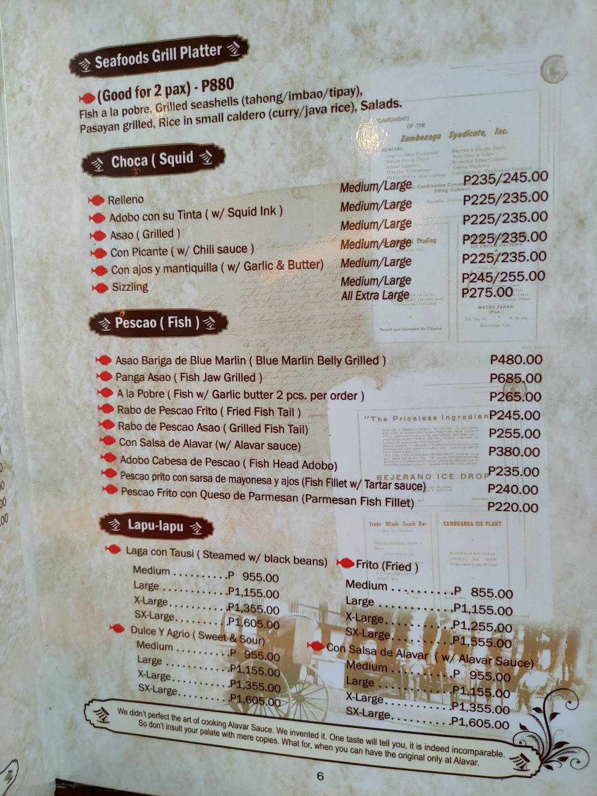 Menu at Alavar Seafood Restaurant, Zamboanga, 173 Don Alfaro St