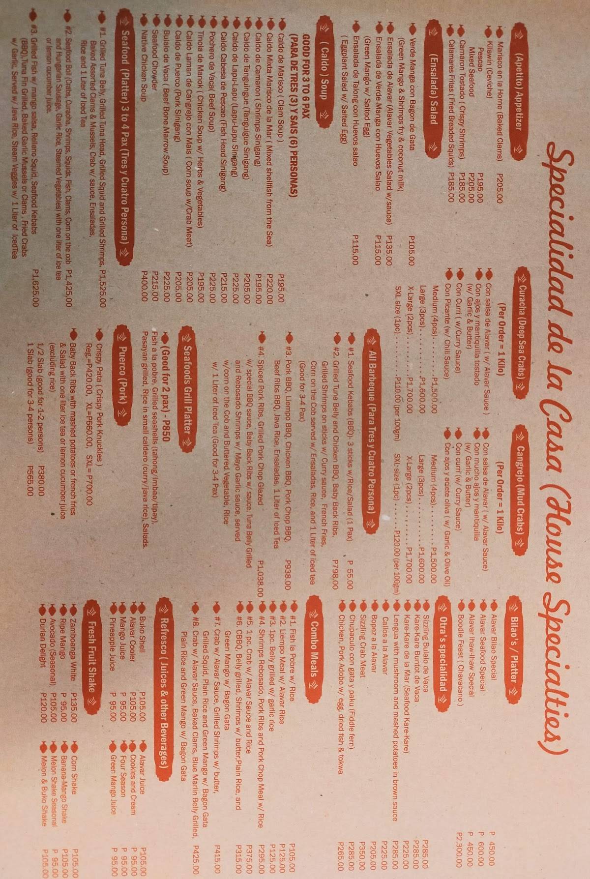 Menu at Alavar Seafood Restaurant, Zamboanga, 173 Don Alfaro St