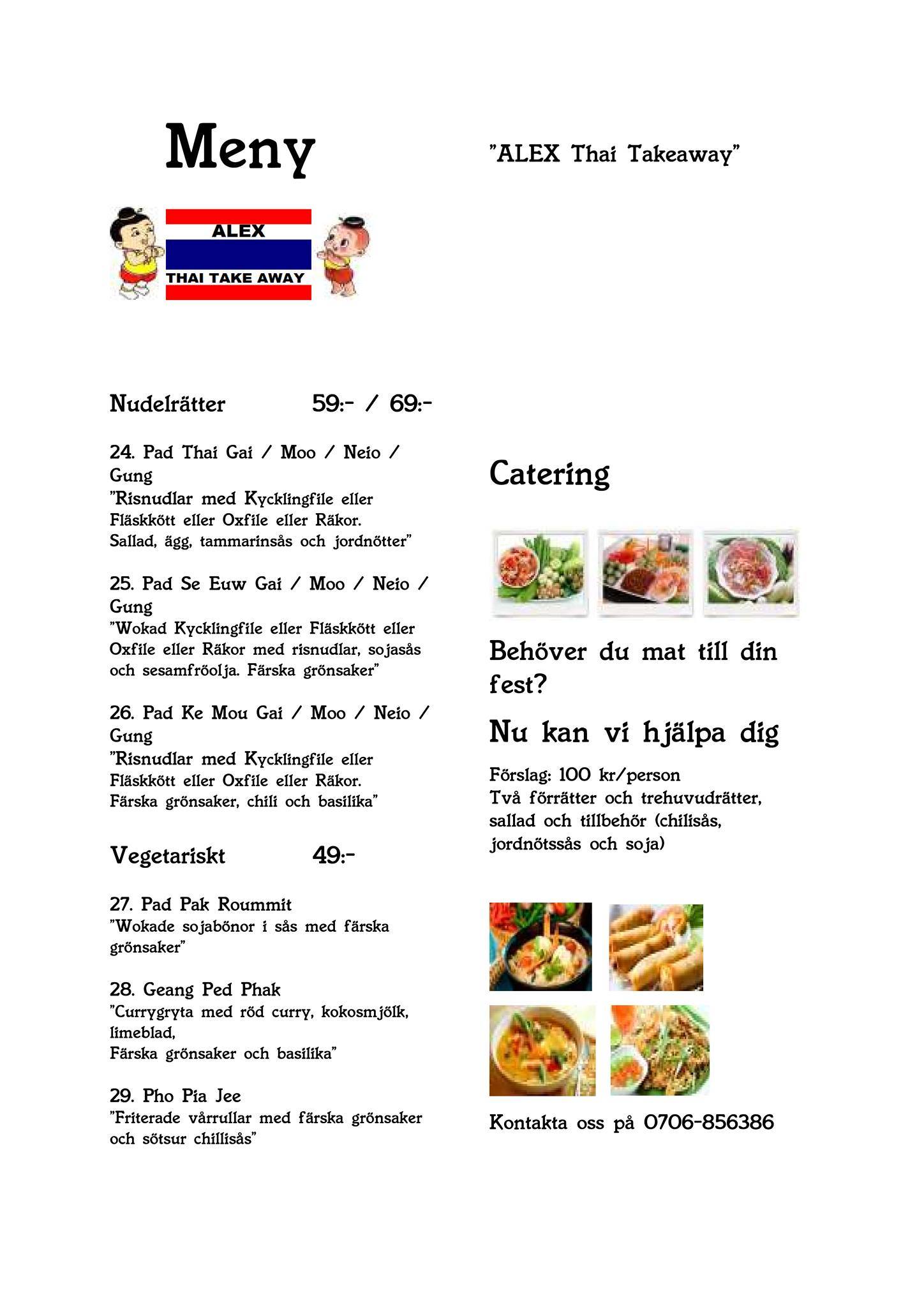 Menu at Alex Thai Takeaway restaurant, Kristianstad