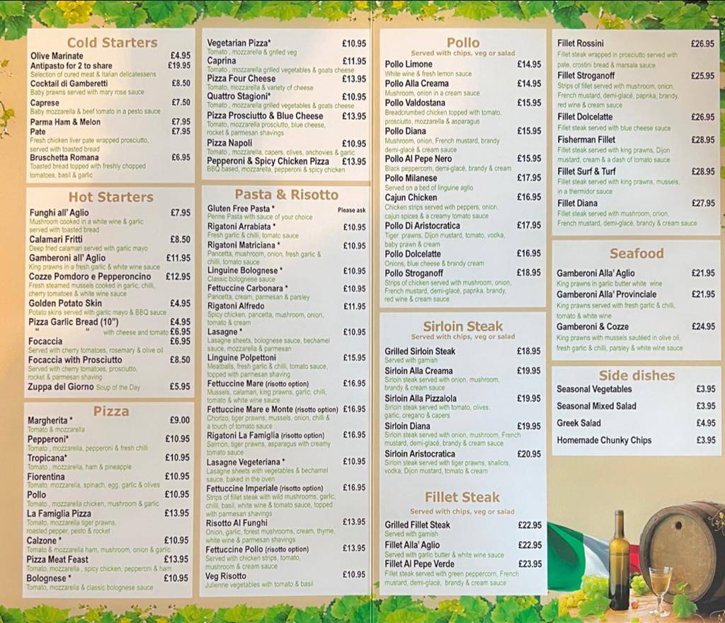 Menu at La Famiglia restaurant, Warkworth