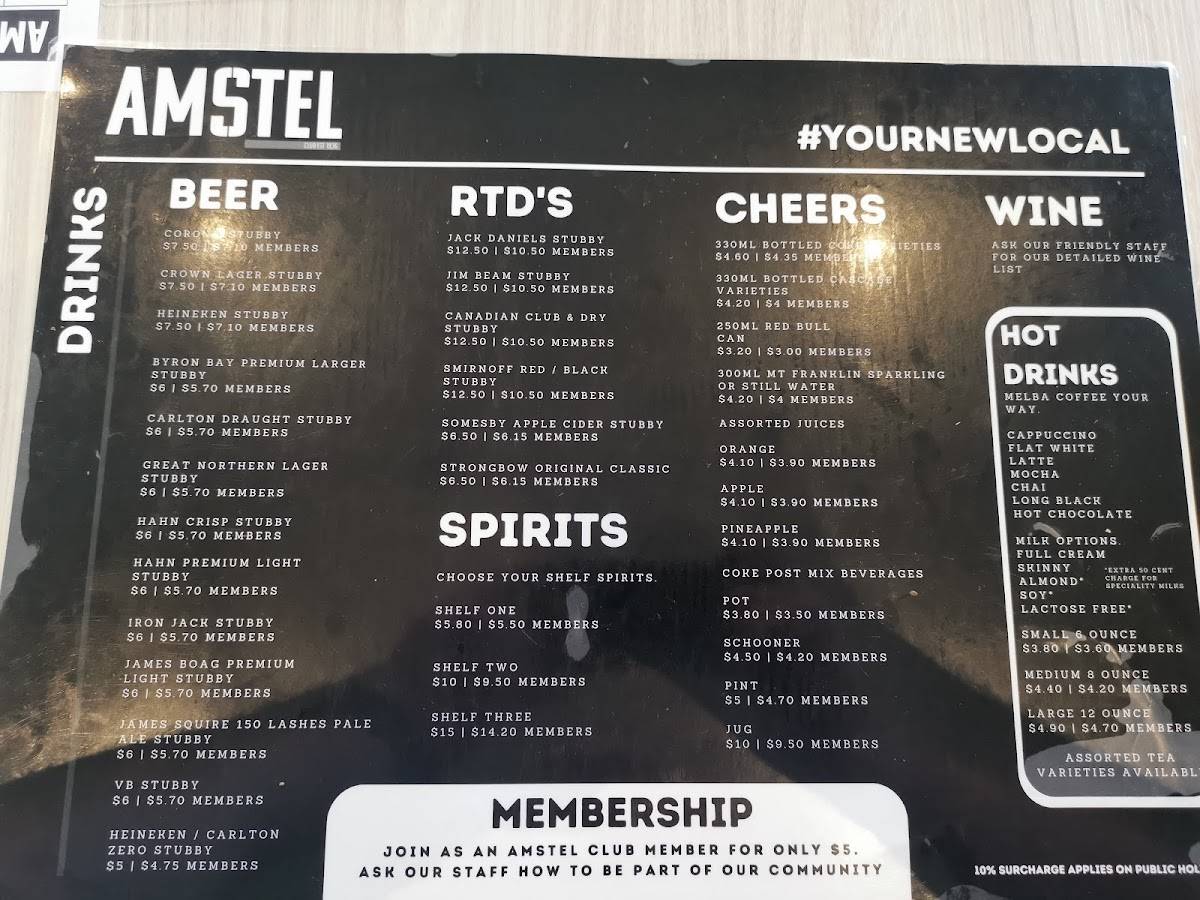 Menu at Amstel Club, Cranbourne