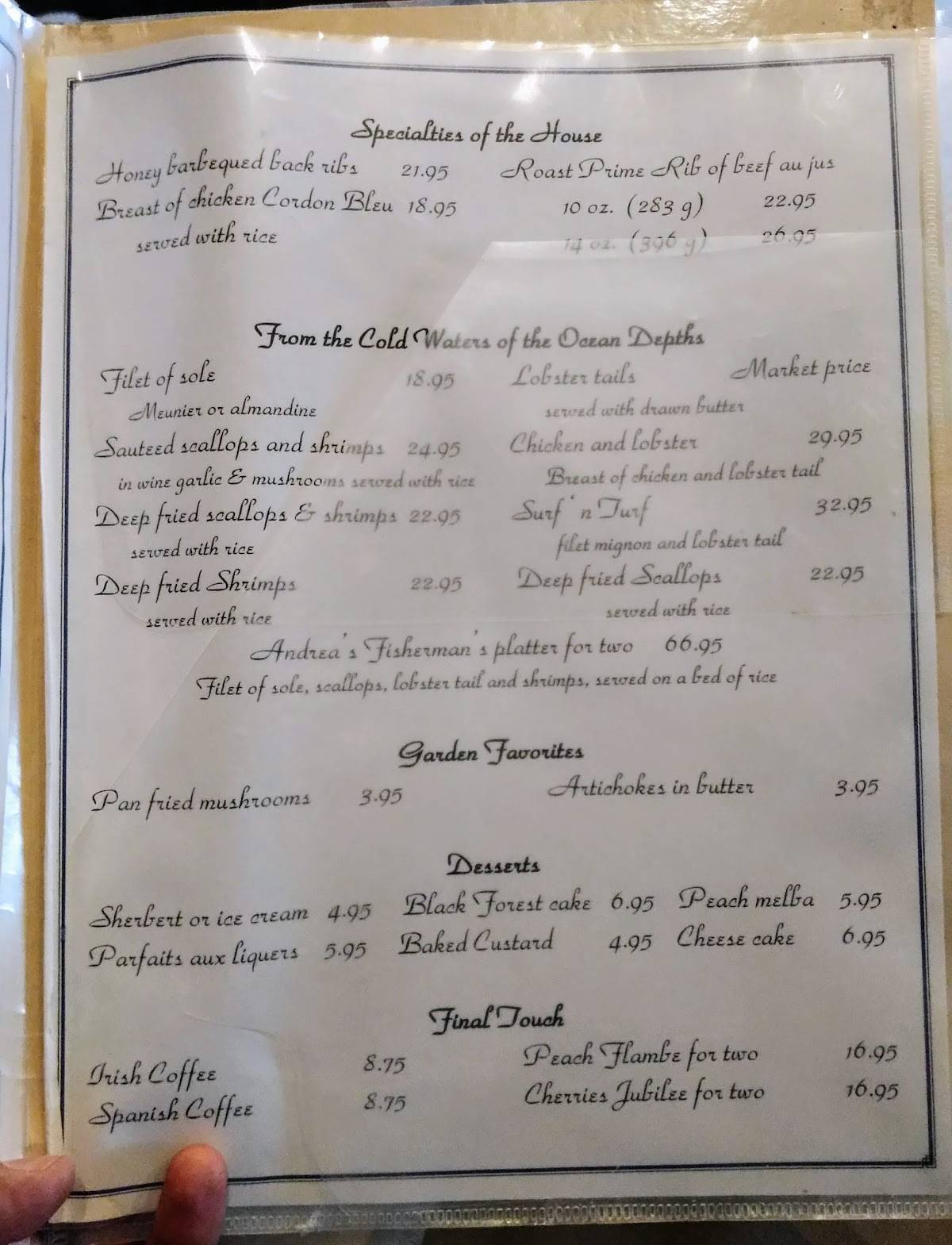 Menu at Andrea's Steak & Sea Food House restaurant, Bracebridge