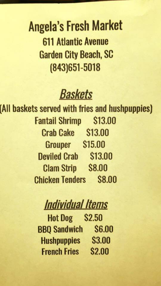 Menu at Angela's Fresh Market restaurant, Murrells Inlet