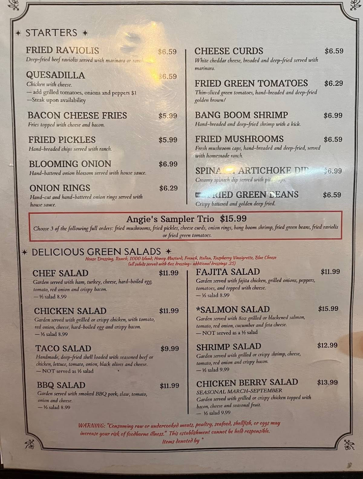 Menu at Angie's Hideaway restaurant, Heber Springs