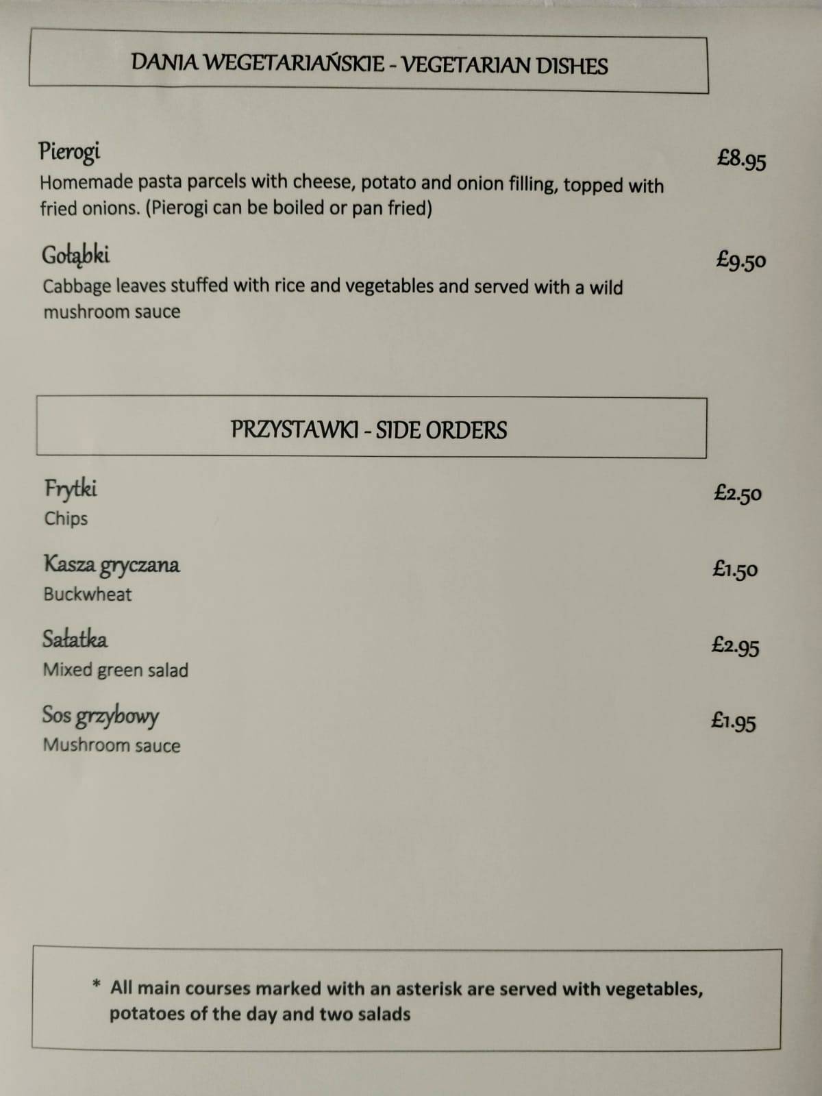 Menu at Ania Polish Restaurant, Nottingham