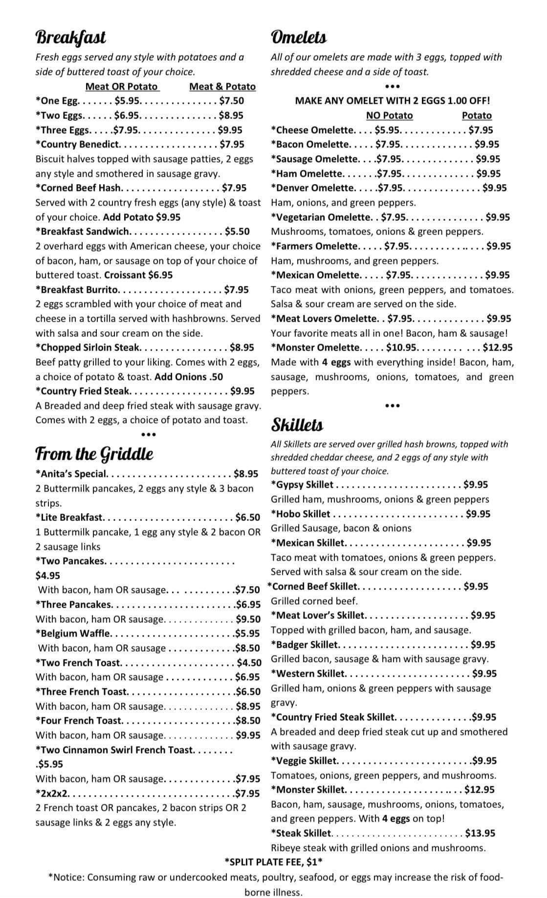 Menu at Anita's Cafe, Arena