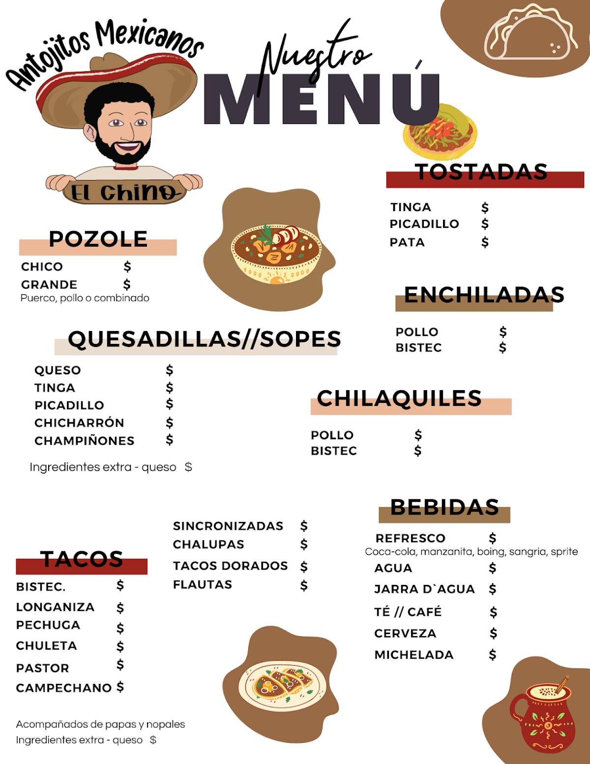 Menu at Antojitos Mexicanos "El Chino" restaurant, Tizayuca