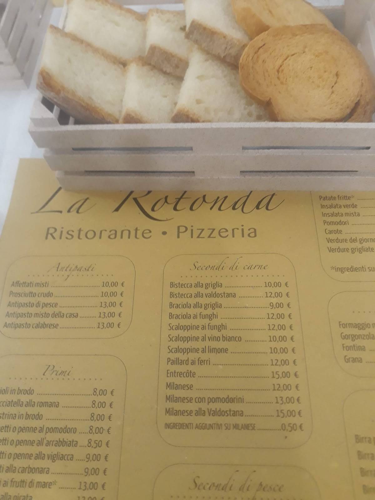 Carta de pizzería La Rotonda, Aosta