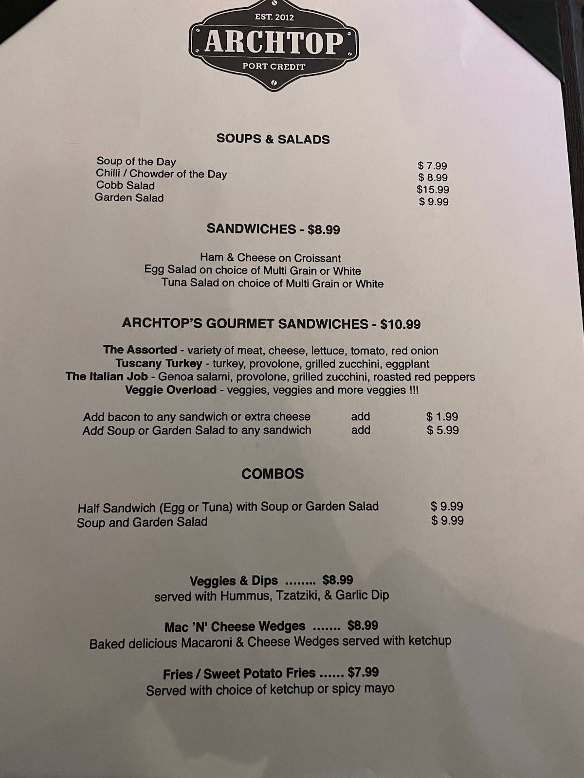 Menu at Archtop Coffee Bar & Market, Mississauga, 91 Lakeshore Rd E