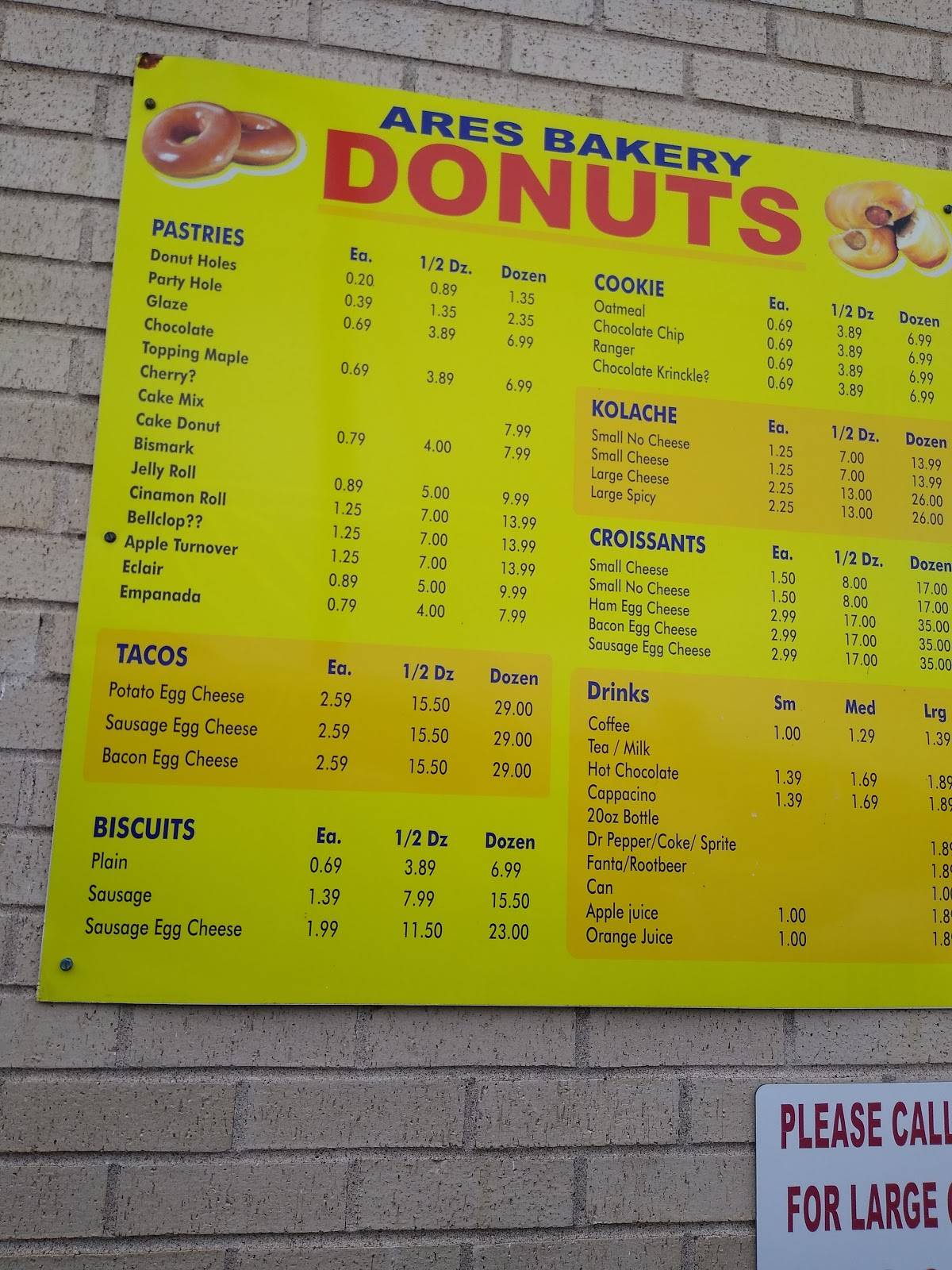 Menu at Ares Bakery & Dixie Cream, Kingsville