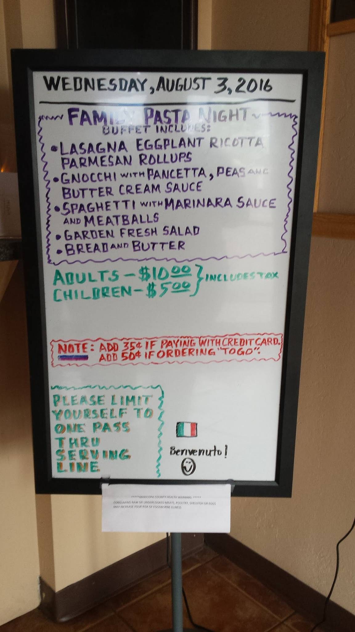 Menu at Arizona American Italian Club, Phoenix