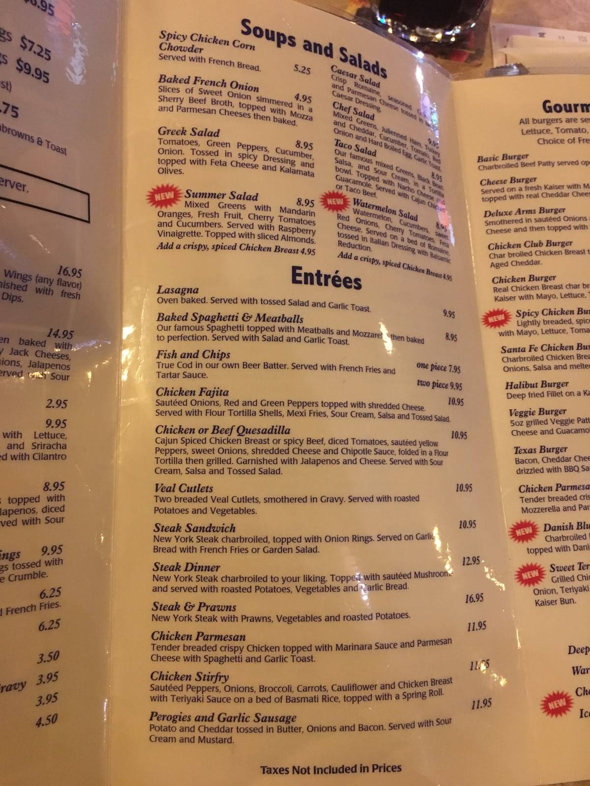 Menu at Arms Pub, Port Coquitlam