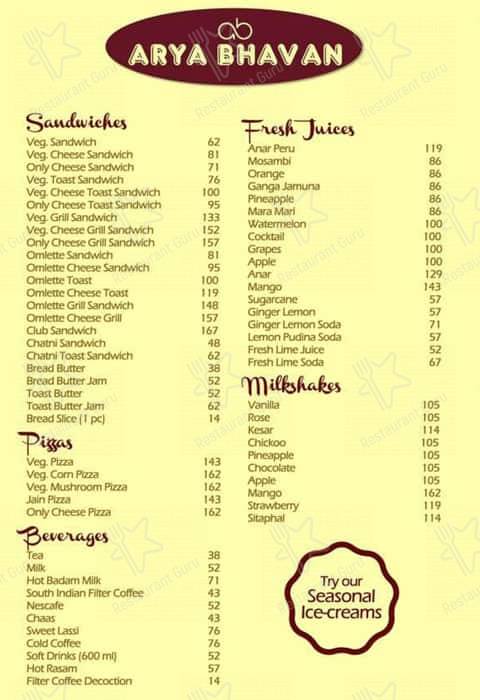 Menu at Arya Bhavan, Mumbai, Dalamal Tower