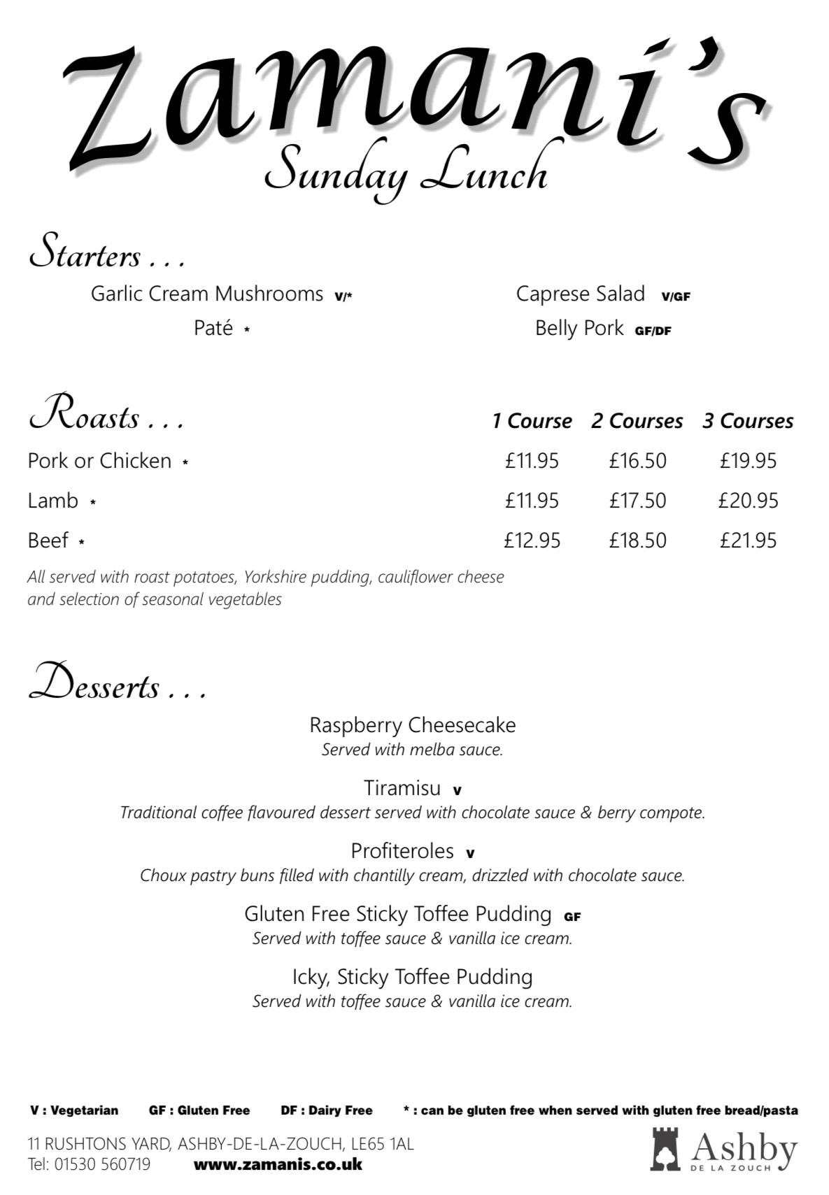 Menu at Zamani's Restaurant, Ashby-de-la-Zouch, 11