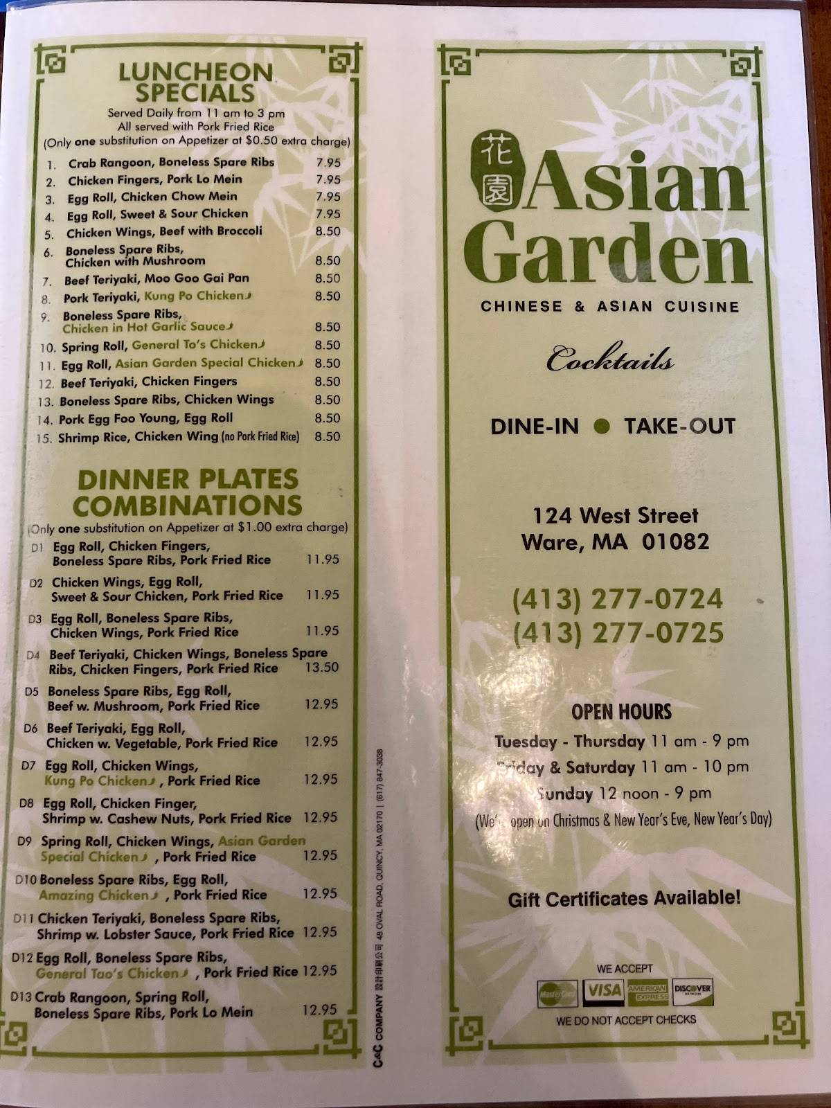 Menu at Asian Garden restaurant, Ware