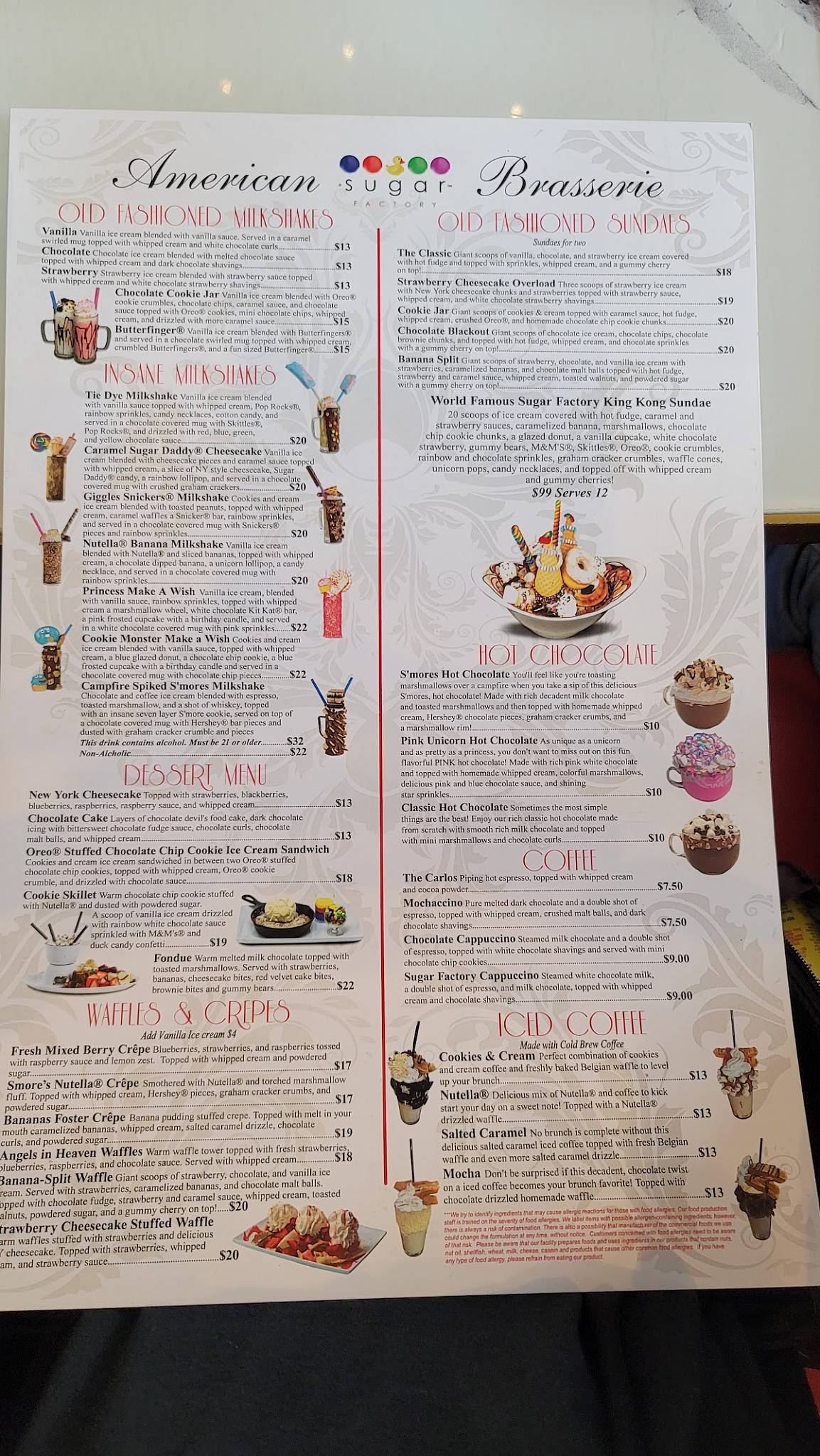 Menu at Sugar Factory - Atlantic City desserts, Atlantic City