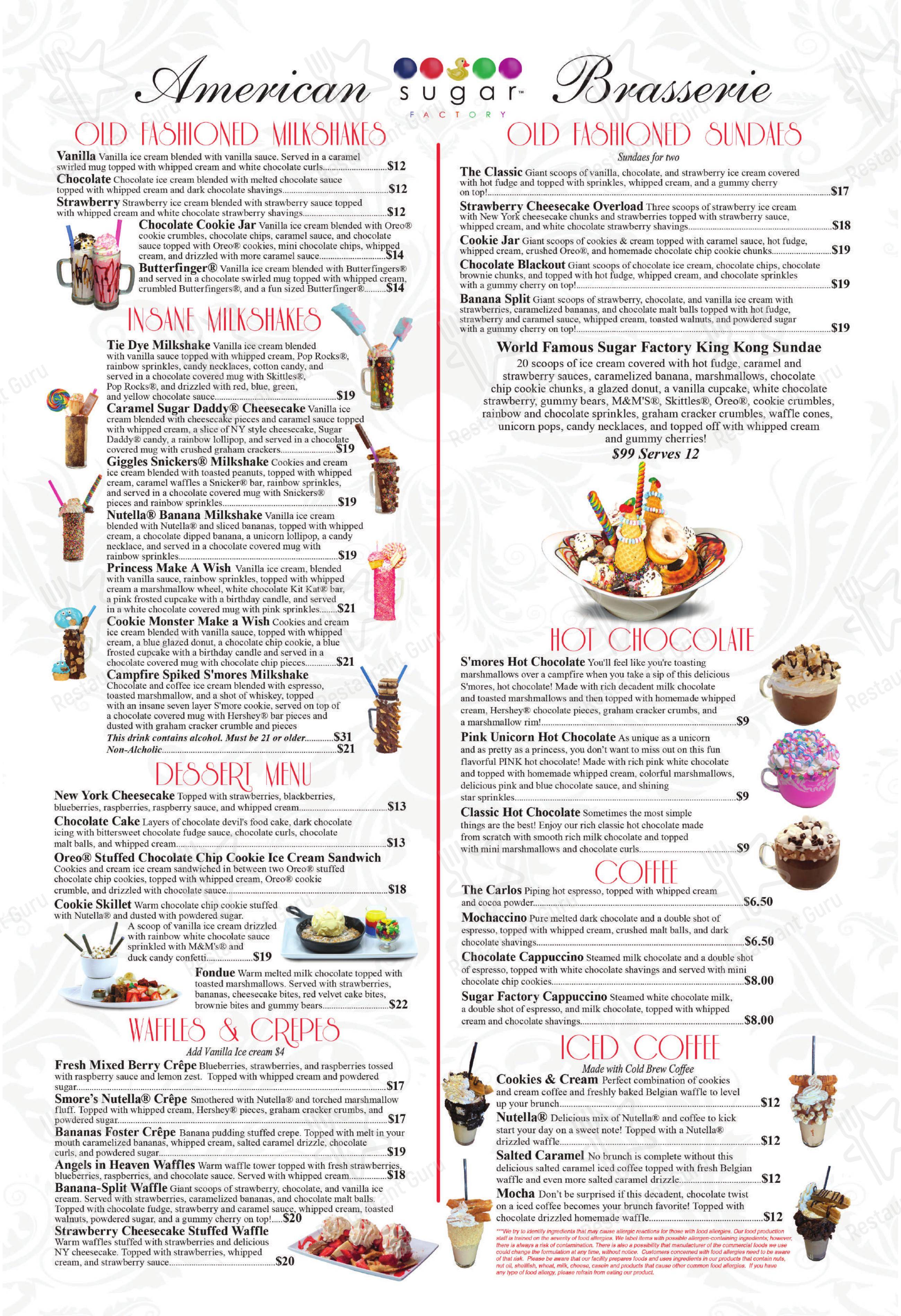 Menu at Sugar Factory - Atlantic City desserts, Atlantic City