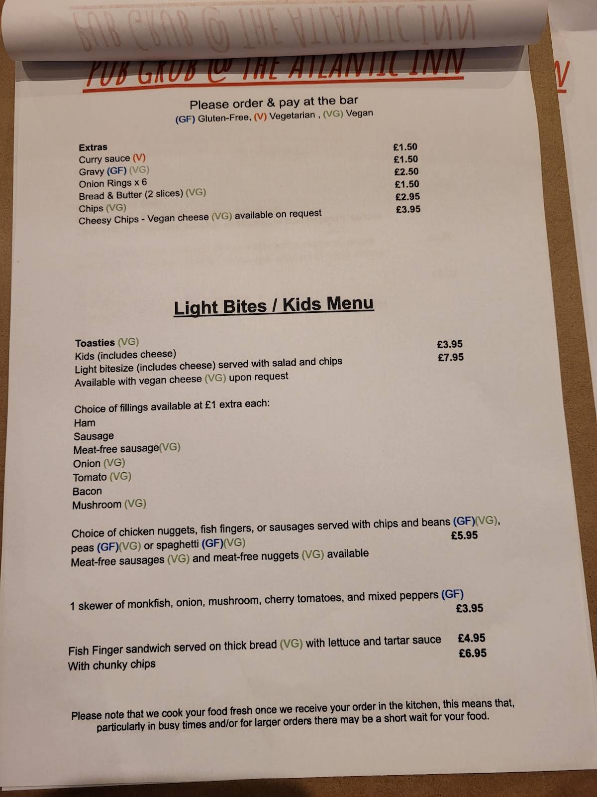 Menu at Atlantic Inn Porthleven pub & bar, Porthleven, Peverell Terrace