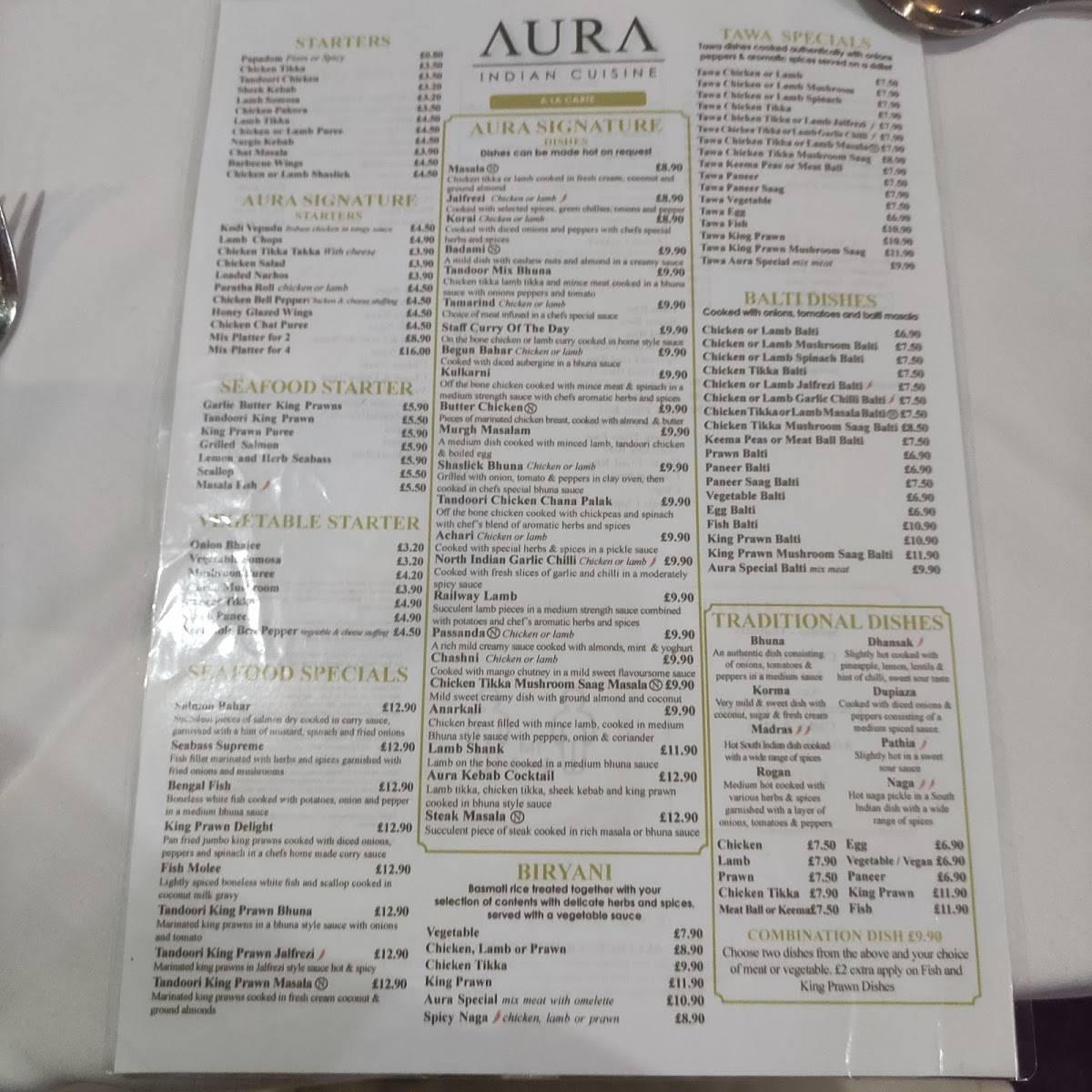 Menu at Aura Indian cuisine restaurant, Walsall