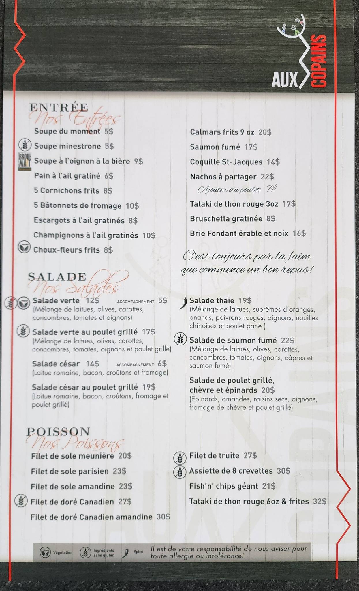 Menu au Aux 3 Copains restaurant, Saint-Donat-de-Montcalm