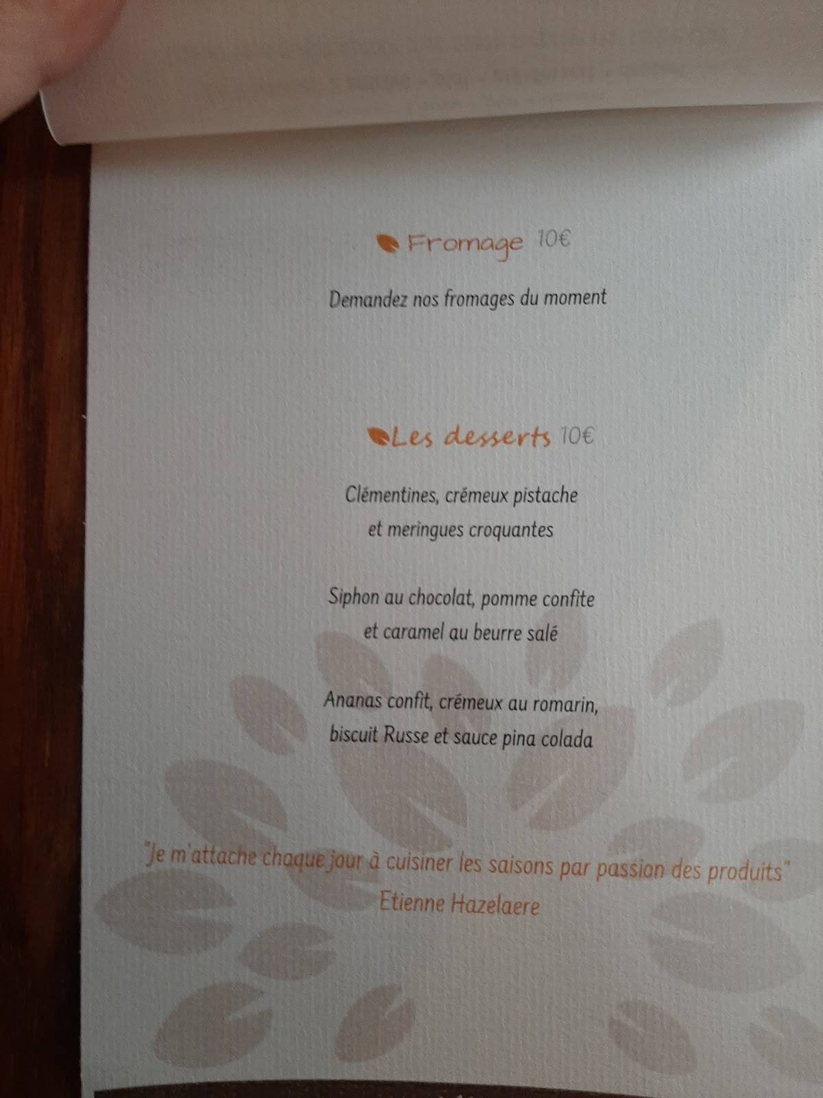 Menu au L'Âme au Vert restaurant, Avelin